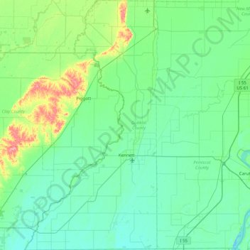 Mapa topográfico Dunklin County, altitud, relieve